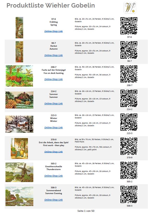 Wiehler Gobelin - Produkt Liste Wiehler Gobelin